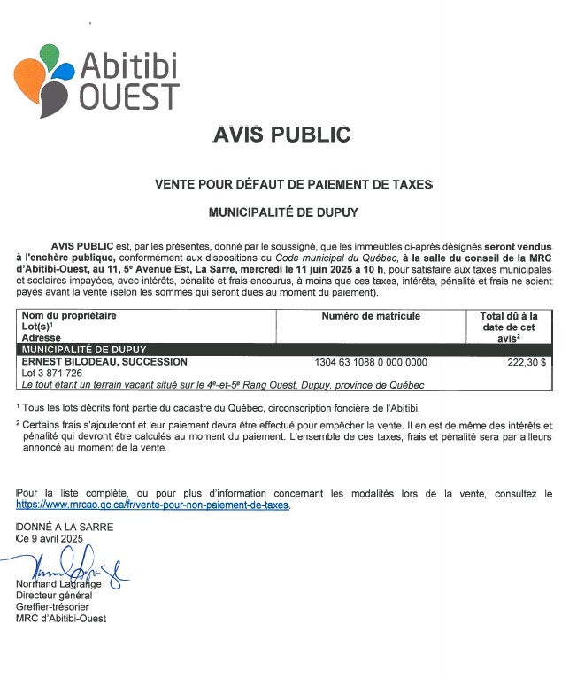 Avis publics - Dupuy - Inforoute de la MRC d'Abitibi-Ouest